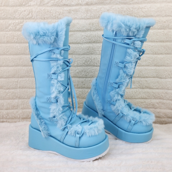Demonia | Shoes | Baby Blue Pastel Goth 31 Platform Furry Faux Fur Stomper Knee Boots | Poshmark